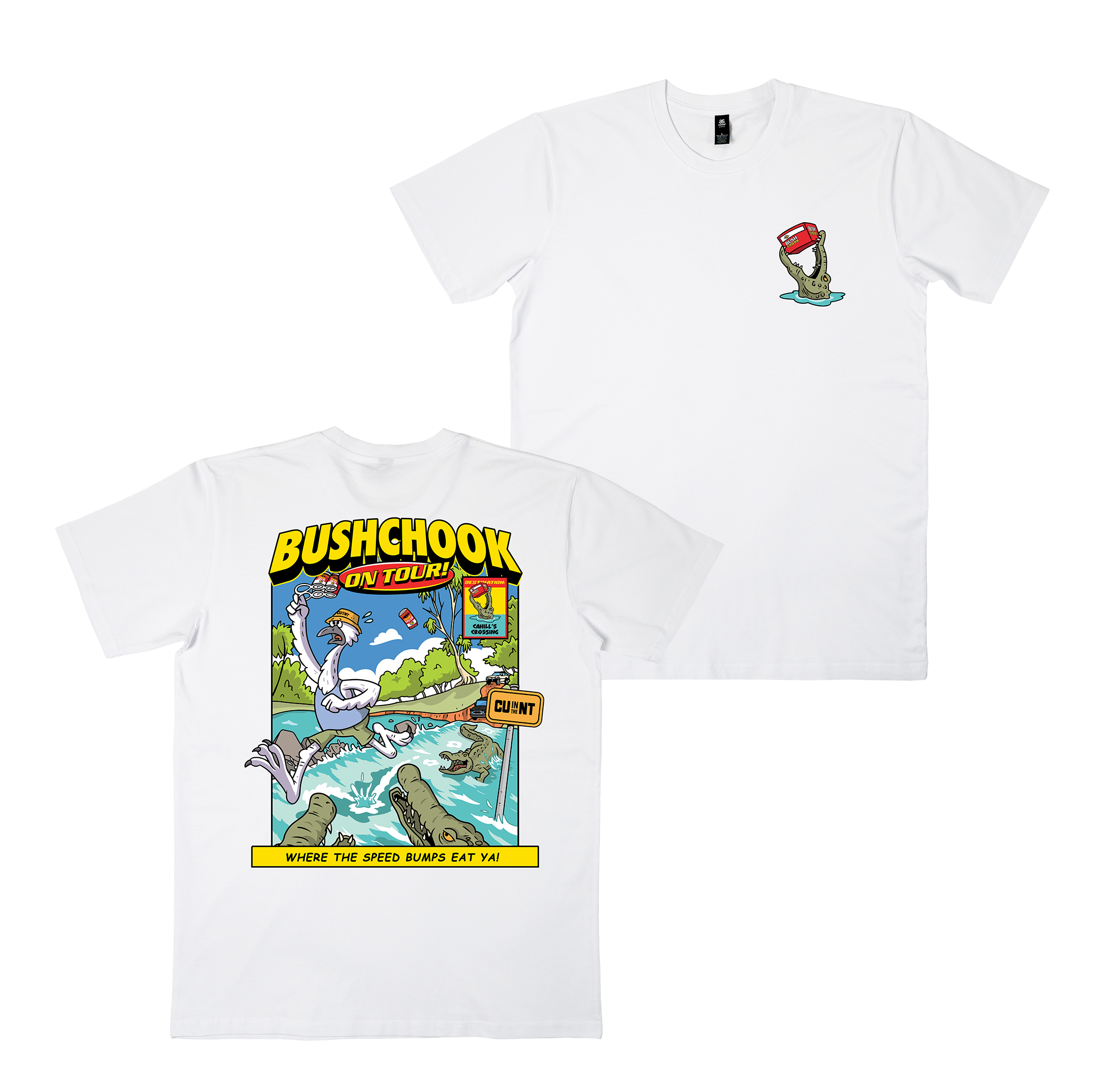 Chooks on Tour: Cahills Crossing Tee White – Bush Chook