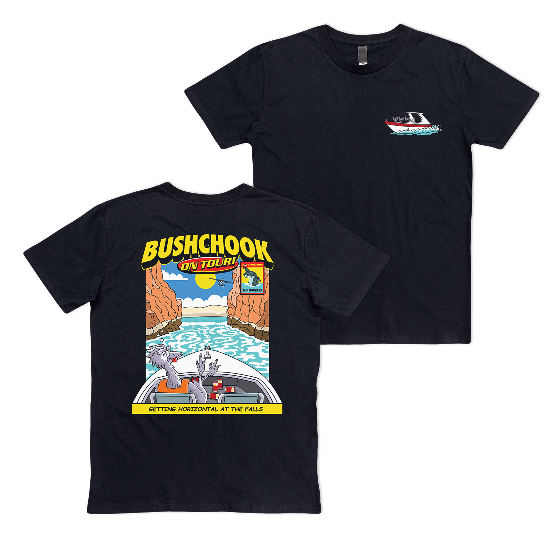 Chooks On Tour: Horizontal Falls Tee Black – Bush Chook